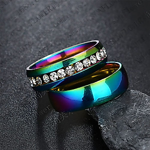 LiFashion Custom Name Couple Rings for him her,2Pcs Stainless Steel Customized Wedding Band Rainbow Colorful CZ Promise Ring Set Personalized His Her Jewelry for Valentine's day Gift