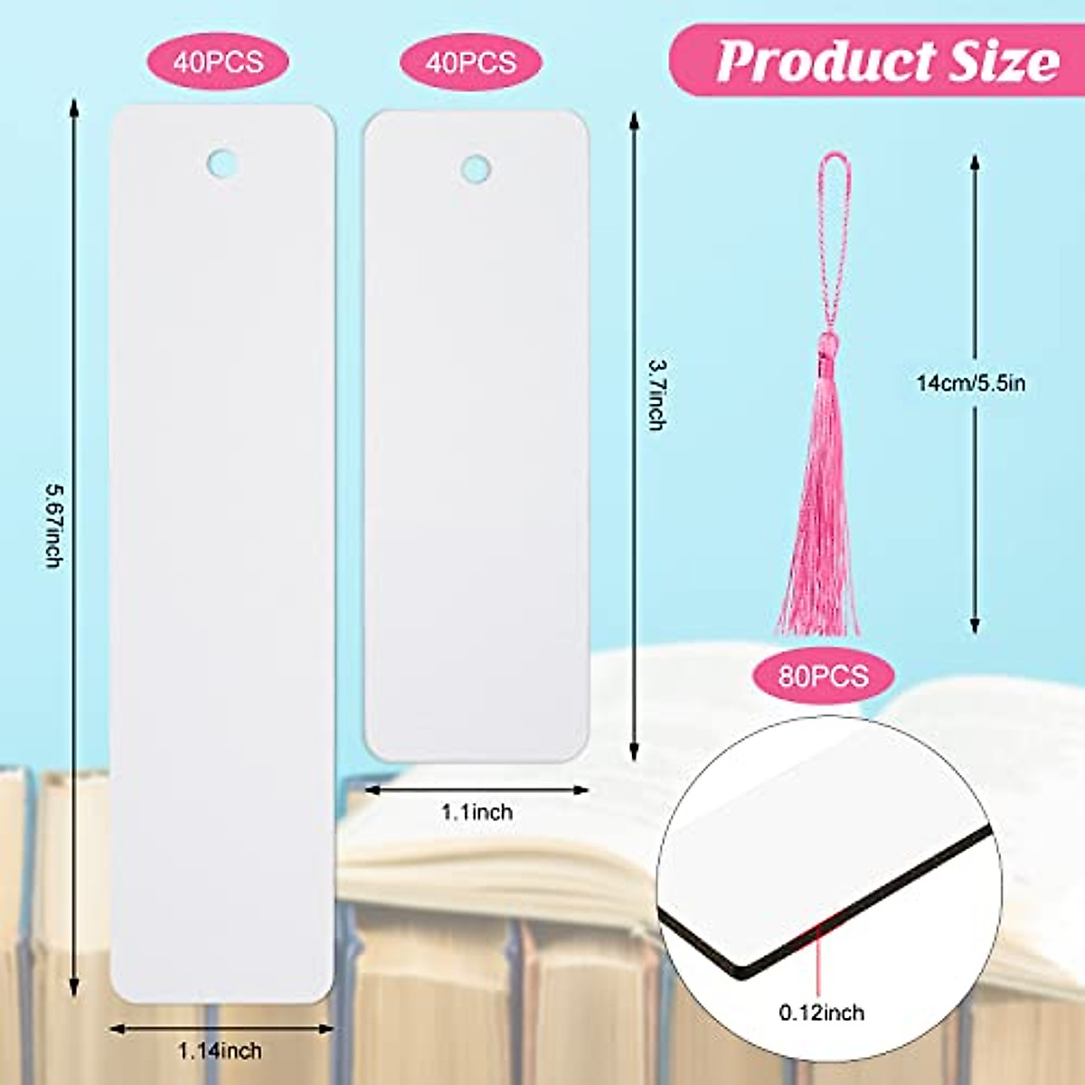 80 Pcs Sublimation Blank Bookmark Heat Transfer DIY Bookmark Sublimation Bookmarks with Hole and 80 Pieces Colorful Tassels for Women Men DIY Crafts Projects Birthday Wedding