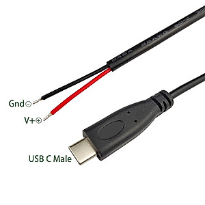 JZYMOD USB C Pigtail 2 Core Cable, 4-Pack USB 2.0 Male Plug 2pin Wire DIY Pigtail Cable 5V 3A 22AWG USB C Power Cable Black (9.8Inch/25cm)
