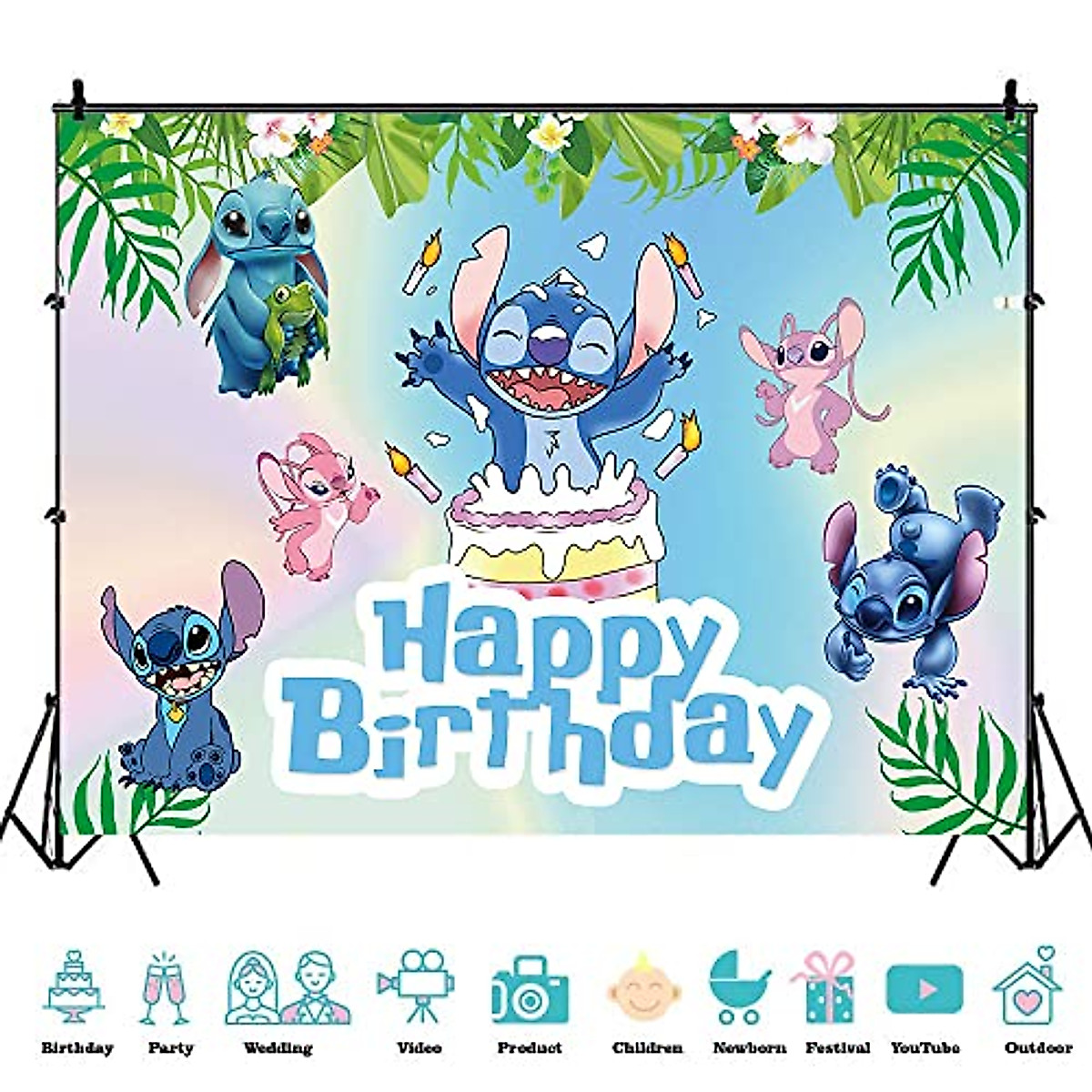 Cartoon Aloha Theme Happy Birthday Photography Backdrop Tropical Summer Photo Background Cartoon Theme Party Decoration Banner 5x3ft