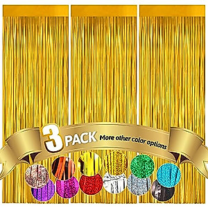 FANNEV 3pcs 3.3 * 8.2ft Gold Tinsel Foil Fringe Curtains Streamers for Birthday Graduation Wedding Engagement Bridal Shower Bachelorette Holiday Gold Party Decorations, Christmas Photo Back Drop
