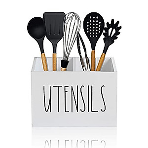 Utensil Holder, Utensil Organizer for Countertop, Farmhouse Utensil Caddy for Kitchen Counter, Spatula Spoon Holder Crocks, Flatware Storage Box, Large Cooking Tool Dispenser