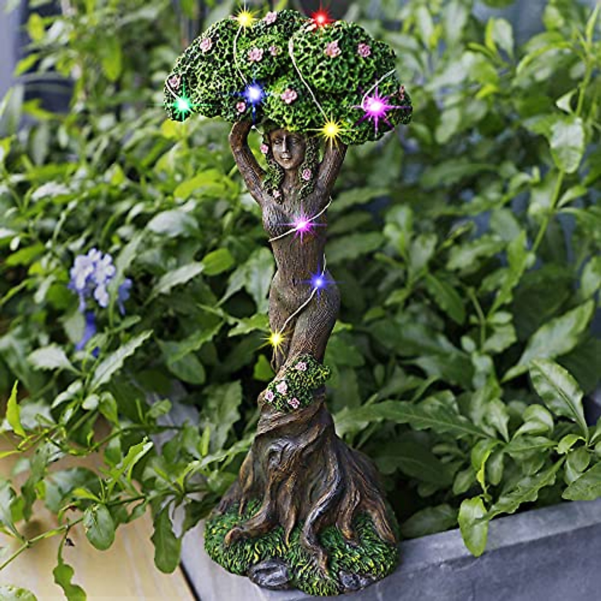 FORUP 14 Inch Tree Goddess Garden Statue, Resin Dryad Garden Figurine with 18 LEDs, Solar Powered Lighted Garden Sculpture for Outdoor Patio Lawn Yard Garden Decorations