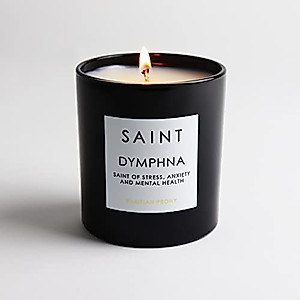 SAINT Dymphna Scented Candle with Prayer, Prayer Coin, and Holy Oil, Saint of Stress, Anxiety, and Mental Health, Soy Coconut Aromatherapy Candle with 50 Hour Burn Time