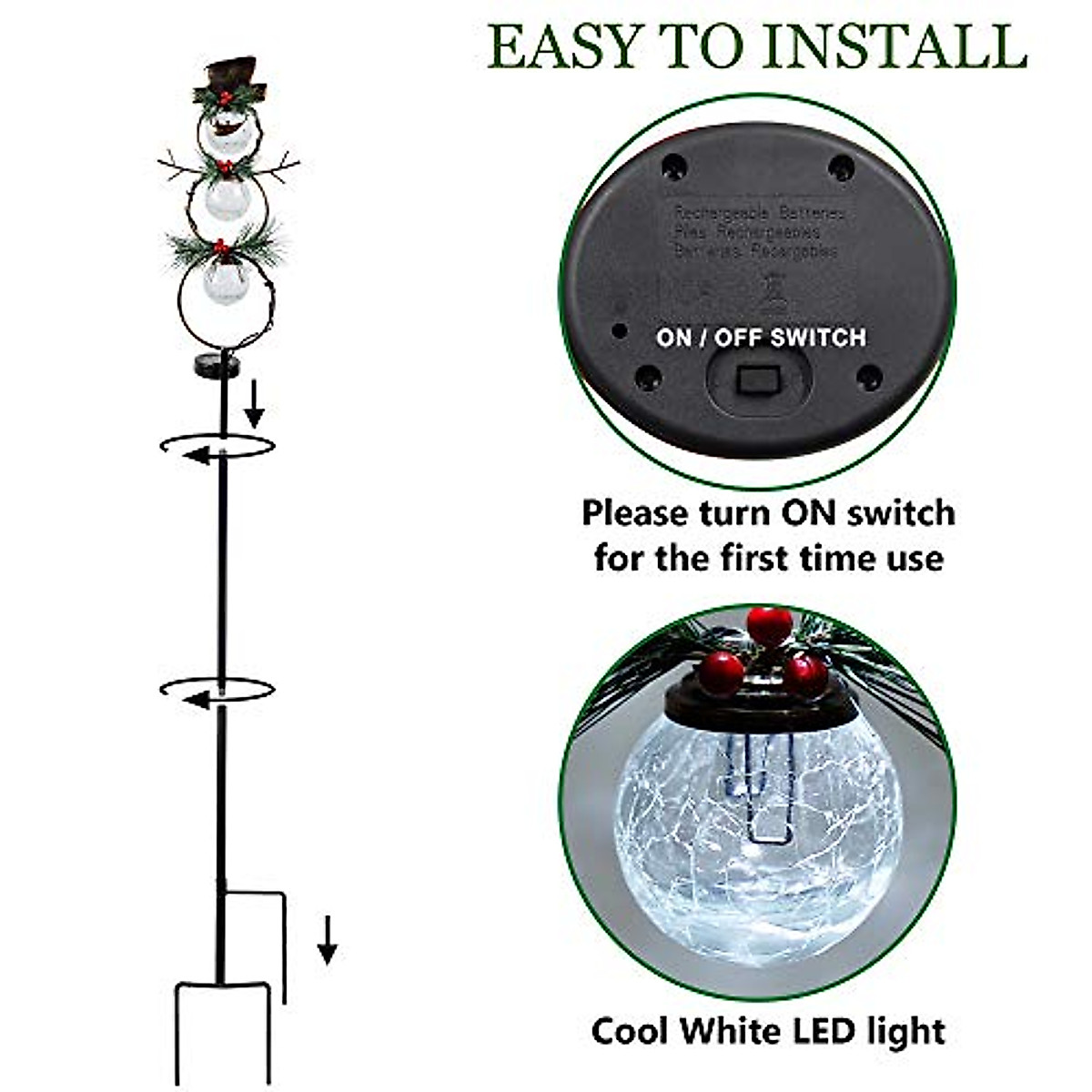 GUOOU Solar Christmas Yard Decorations, Outdoor LED Solar Powered Glass Ball Lights, Xmas Snowman Pathway Lights, Metal Solar Garden Stake Lights, Snowman Christmas Lawn Yard Ornament, Set of 2