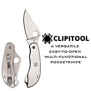 Spyderco ClipiTool Folding Utility Knife with Stainless Steel Handle Plain and Serrated Edge, Full-Flat, 8Cr13MoV Steel Blade and SlipJoint System - C176P&S