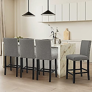 DAGONHIL 24 inch Bar Stools Set of 4, Counter Height Bar Stools with Backs, Nail Head Barstools with Wood Legs, Upholstered Kitchen Island Chairs, Gray