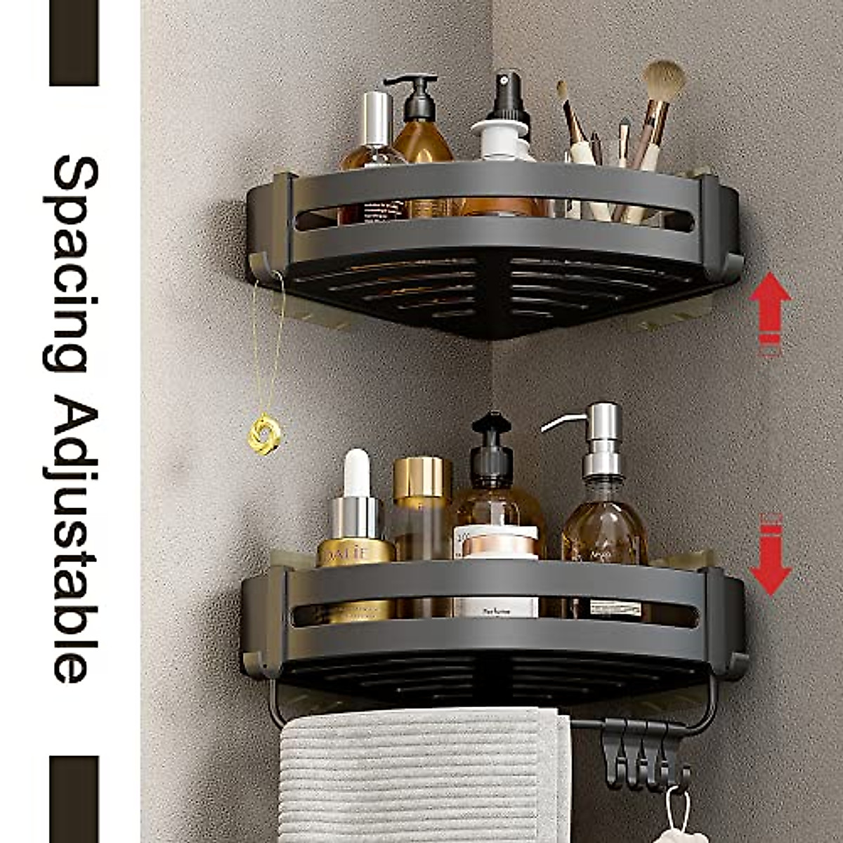 LamChyar Corner Shower Caddy, 3 Tiers Shower Organizer, Aluminium Shower Shelfs with 10 Removable Hooks and Towel Bar, No-Drilling Wall Adhesive Installation(Black)