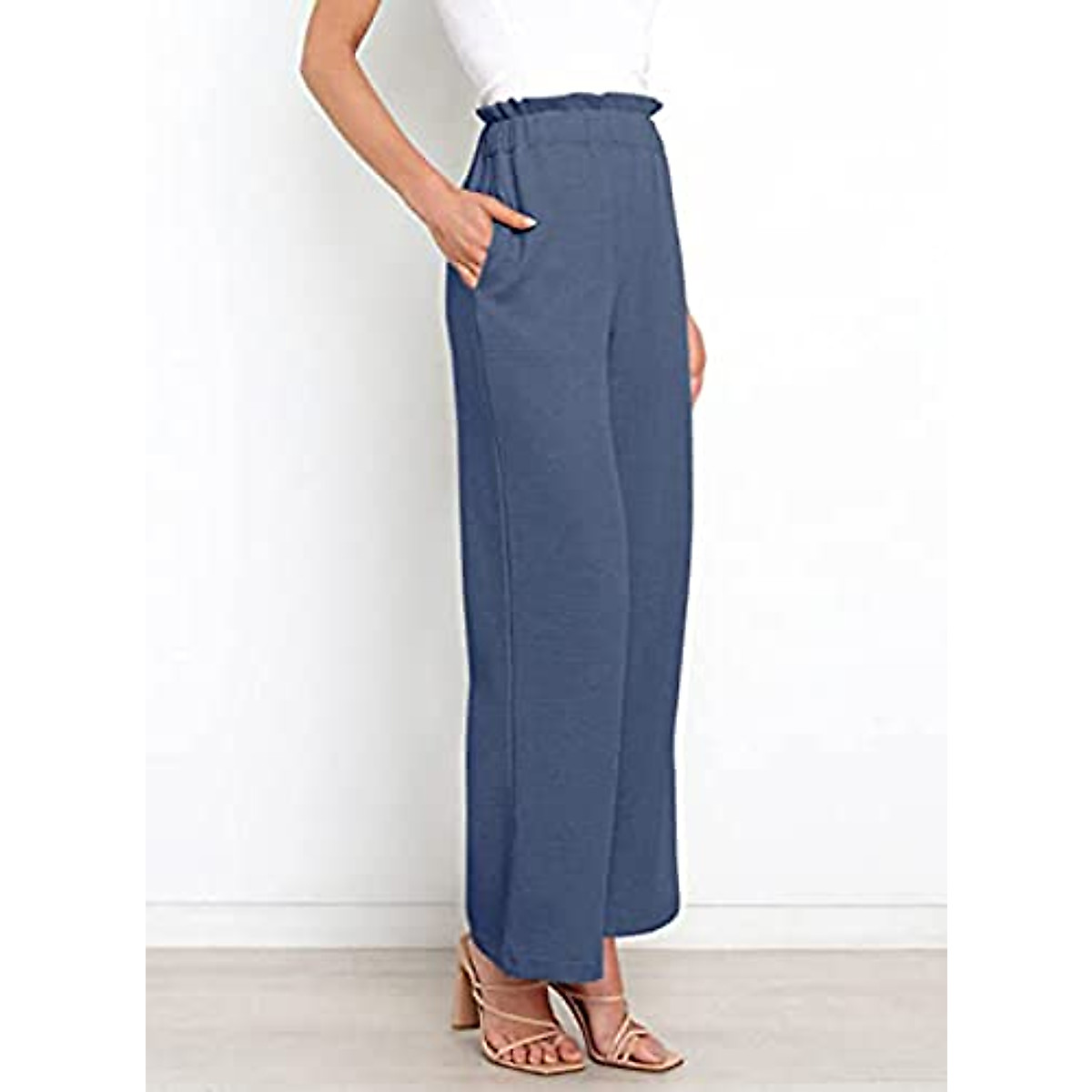 EVALESS Wide Leg Pants for Women Casual Loose Elastic High Waisted Waffle Knit Work Lounge Palazzo Dress Pants Trousers with Pockets Blue X-Large