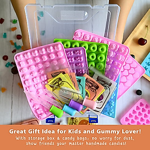 Gummy Bear Molds Silicone 32PCS, Non-stick Chocolate Candy Mold 18 Shapes for 327 Candies, With 4 Droppers, Clean Brush, Storage Box, 20 Wrappers, Including Dinosaur Mini Donut Fruit Animals Shaped