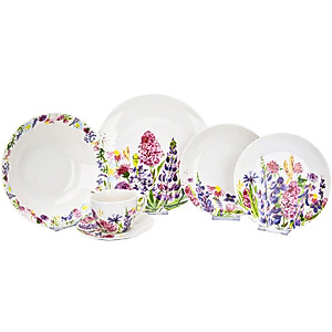 STP Porcelain J-217520 Dinnerware Set for 4, Lavender Fields, Bone China Porcelain, Dinner Plates, Bowls, Dessert Plates, Cups with Saucer, 20 pcs