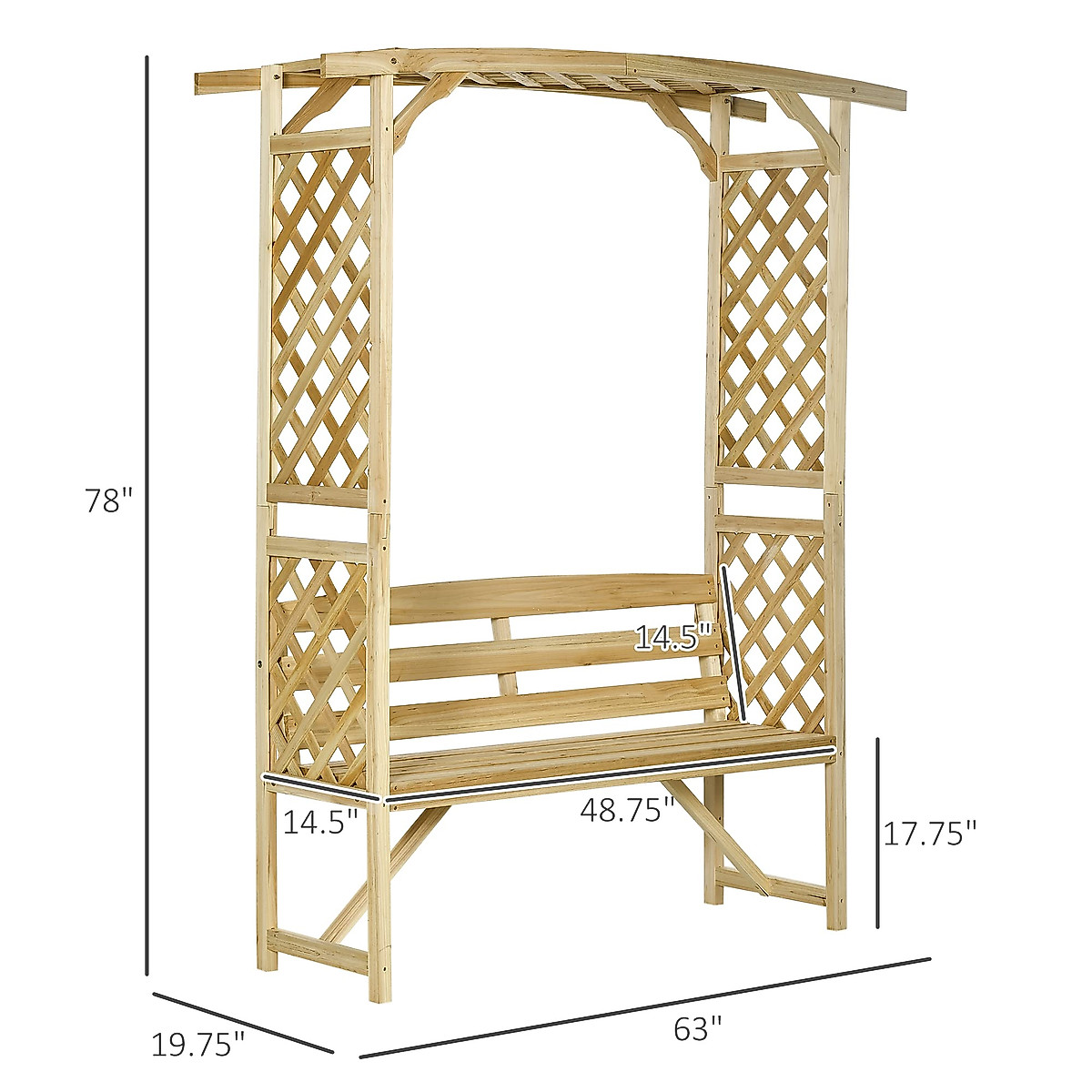 Outsunny Patio Garden Bench Arbor Arch with Pergola and 2 Trellises, 3 Seat Natural Wooden Outdoor Bench for Grape Vines & Climbing Plants, Backyard Decor, Natural