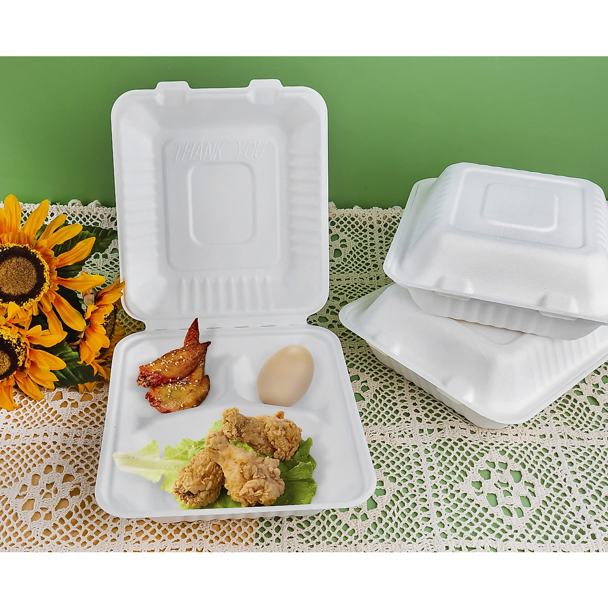 Azure Zone, 8", 3-Compartment Compostable Clamshell, 200 Pack to Go Containers, Biodegradable Made of Sugar Cane Fibers