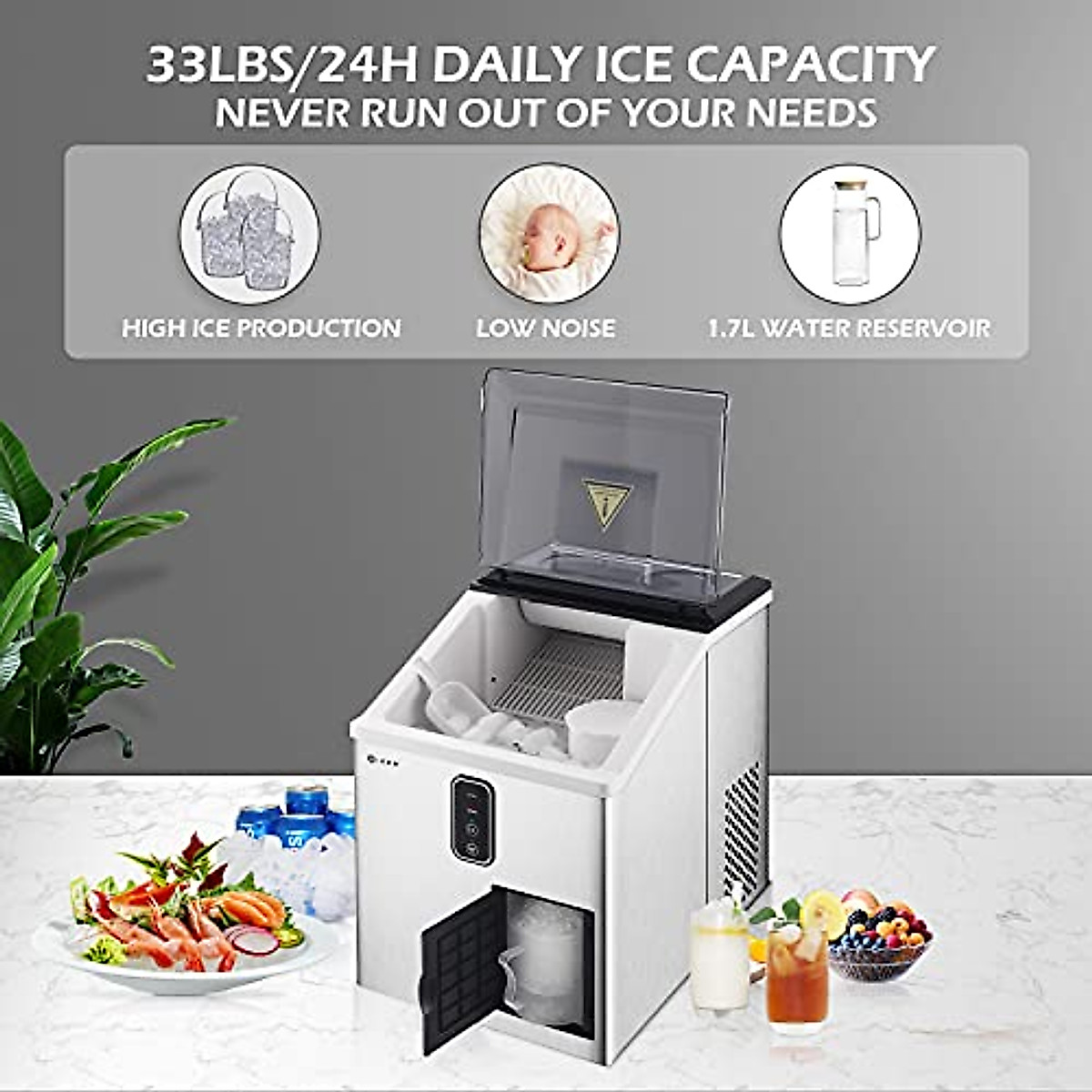 IKER Ice Makers Countertop, 2 in 1 Ice Maker & Shaver Machine-33lbs/24H, 12 Bullet Ice Cubes in 10 Mins, Compact Portable Nugget Ice Maker with Crusher for Home/Kitchen/Office/Bar