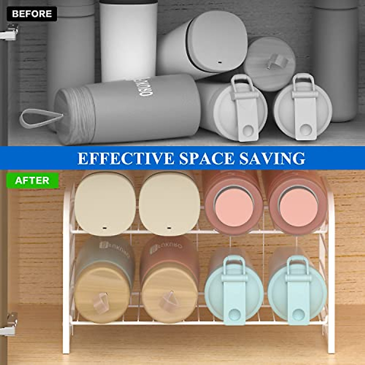 GEDLIRE Water Bottle Organizer for Cabinet, Height Adjustable Tumbler Storage Holder Rack for Sports Flask Insulated Travel Mug, Cup Organizer Shelf for Kitchen Countertop, Pantry Organization, White