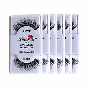 Amorus 100% Human Hair False Eyelashes #WSP - Black - (6 Pack) - Wispy False Eyelashes - Glamorous Look of Fuller, Longer Lashes