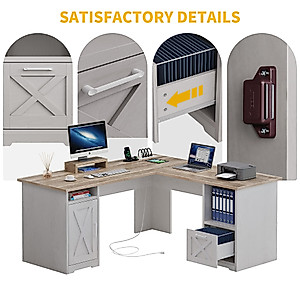 DWVO L Shaped Desk with File Drawer, 60" Corner Computer Desk with Power Outlets, Home Office Desk with Monitor Stand & Storage Shelves & File Cabinet, Grey Wash