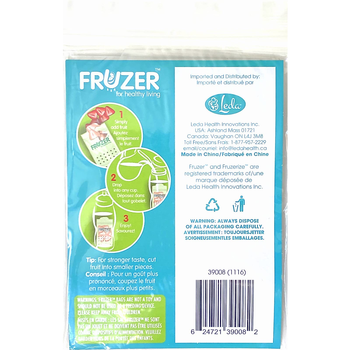 FRUZER Mini Disposable Fruit Infuser Bags (5 PK, each 8 Bags) Total 40 Bags - Refreshing & Beneficial - CLEAR & BPA-FREE