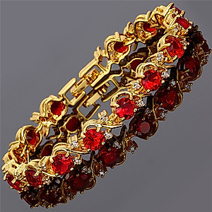 RIZILIA BLOSSOM Tennis Bracelet & Round Cut CZ [Simulated Red Ruby] in Yellow Gold Plated, 7"