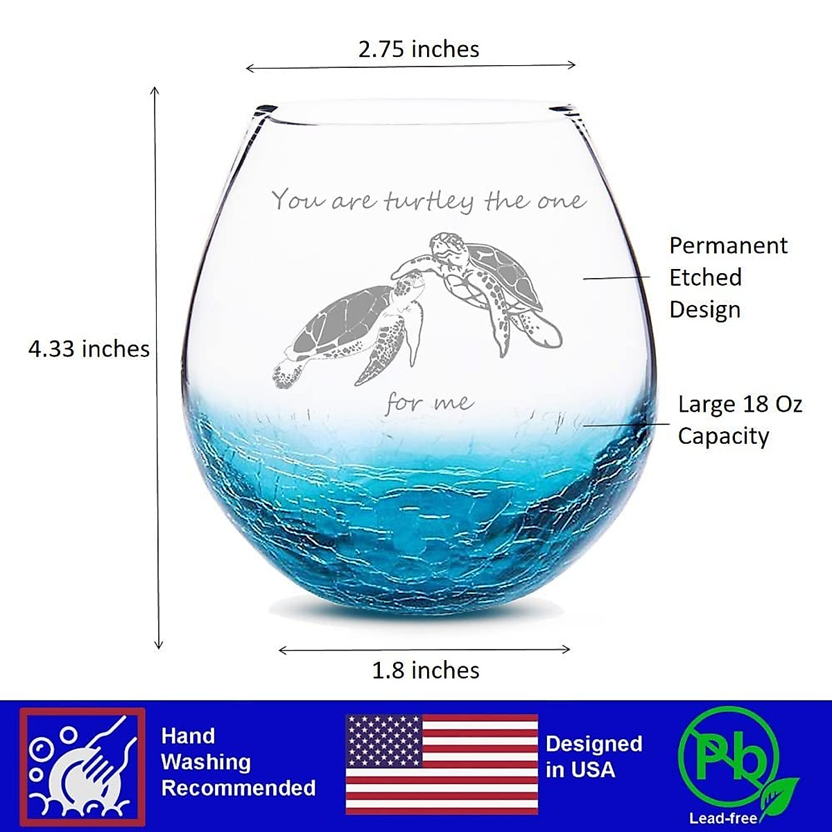 Valentines Day Gifts for Her, Sea Turtles Handmade Engraved Crackle Turquoise Beach Wine Glass, 18 Ounces