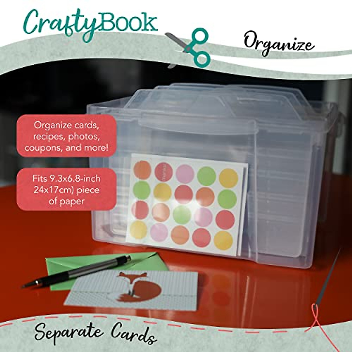 CraftyBook All Occasion Card Storage Box - Clear Plastic Organizer Assorted Card Box with 6 Adjustable Dividers