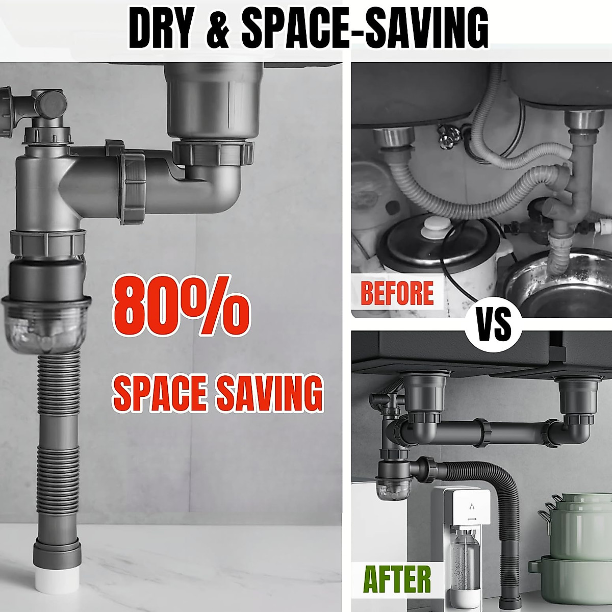 Expandable Flexible 1 1/2" or 1 1/4" Pipe Kit for Double Kitchen Sink with Anti-Odor Sealing, All-In-One Drain Kit for Double Bowl Sinks, Space Saving, Suitable for Kitchen, Bathroom, and Restroom