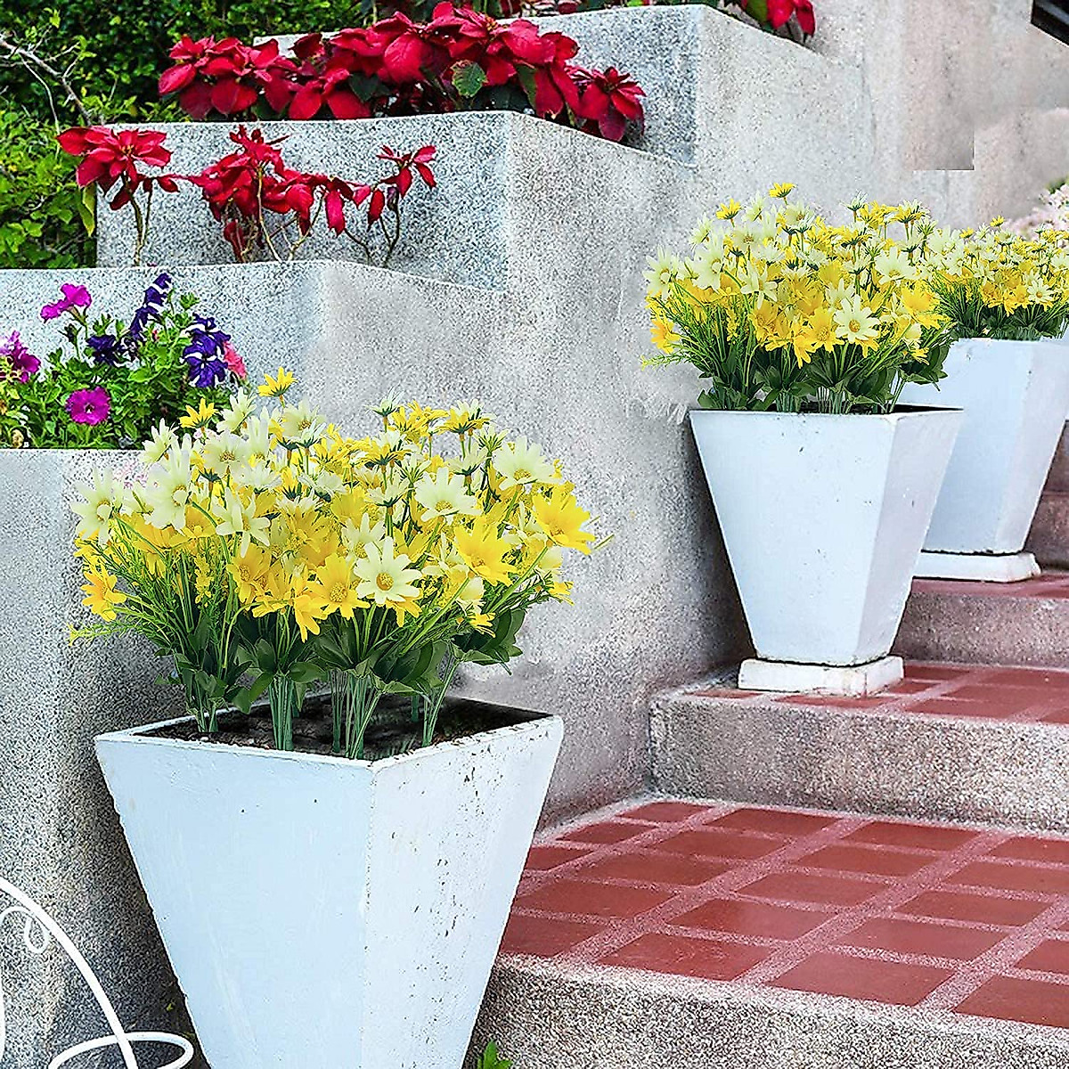 HEJIAYI Artificial Outdoor Flowers - 8 Bundles Fake UV Resistant Shrubs Flowers for Indoor Outdoor Home Garden Kitchen Office Table Vase(Yellow)