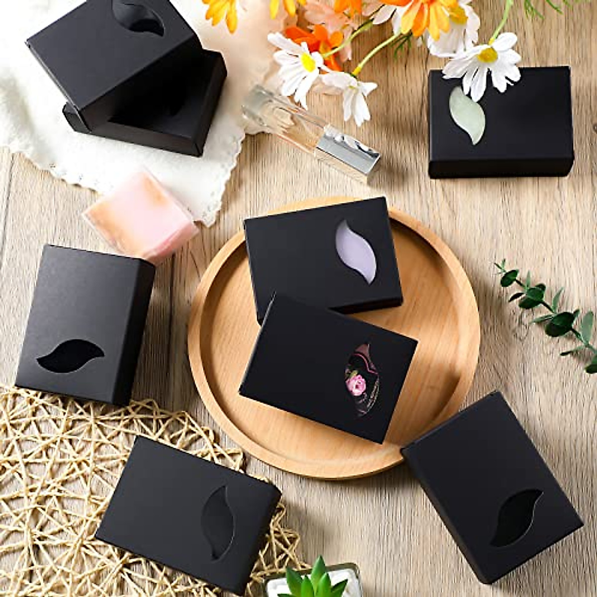 30 Pcs Soap Packaging Box Kraft Soap Box with Window Soap Boxes for Homemade Soap Leaf Window Box for Soap Homemade Soap Making Supplies Packaging for Party Favor Treats 3.82 x 2.76 x 1.18 Inch (Black)