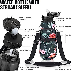 Fimibuke 32 oz Water Bottle with Sleeve - BPA Free Leakproof Sport Large 1L Plastic Motivational Water Bottle with Straw Strap Insulated Neoprene Holder Carrier Bag for Women Men(A9.Retro Rose)