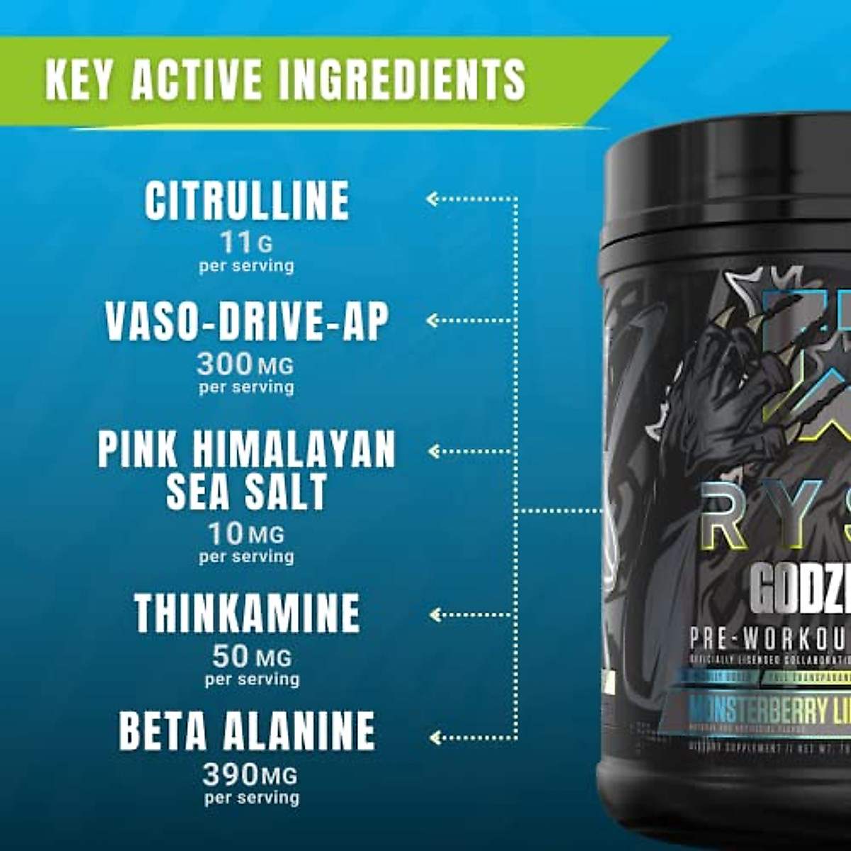 RYSE Signature Series GODZILLA Pre Workout | Pump, Energy, Strength, and Focus | Citrulline, Beta-Alanine, Caffeine | 40 Servings (Monsterberry Lime)
