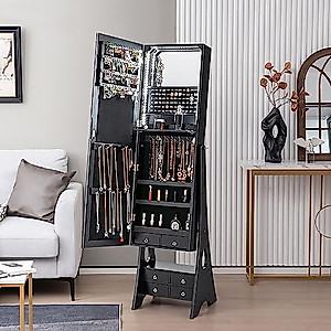CHARMAID Jewelry Cabinet with LED Light Strip, 62.5'' Floor Jewelry Armoire with High Full Length Mirror, Vanity Mirror, Foldable Makeup Shelf, Jewelry Organizer Storage with 6 Drawers (Black)