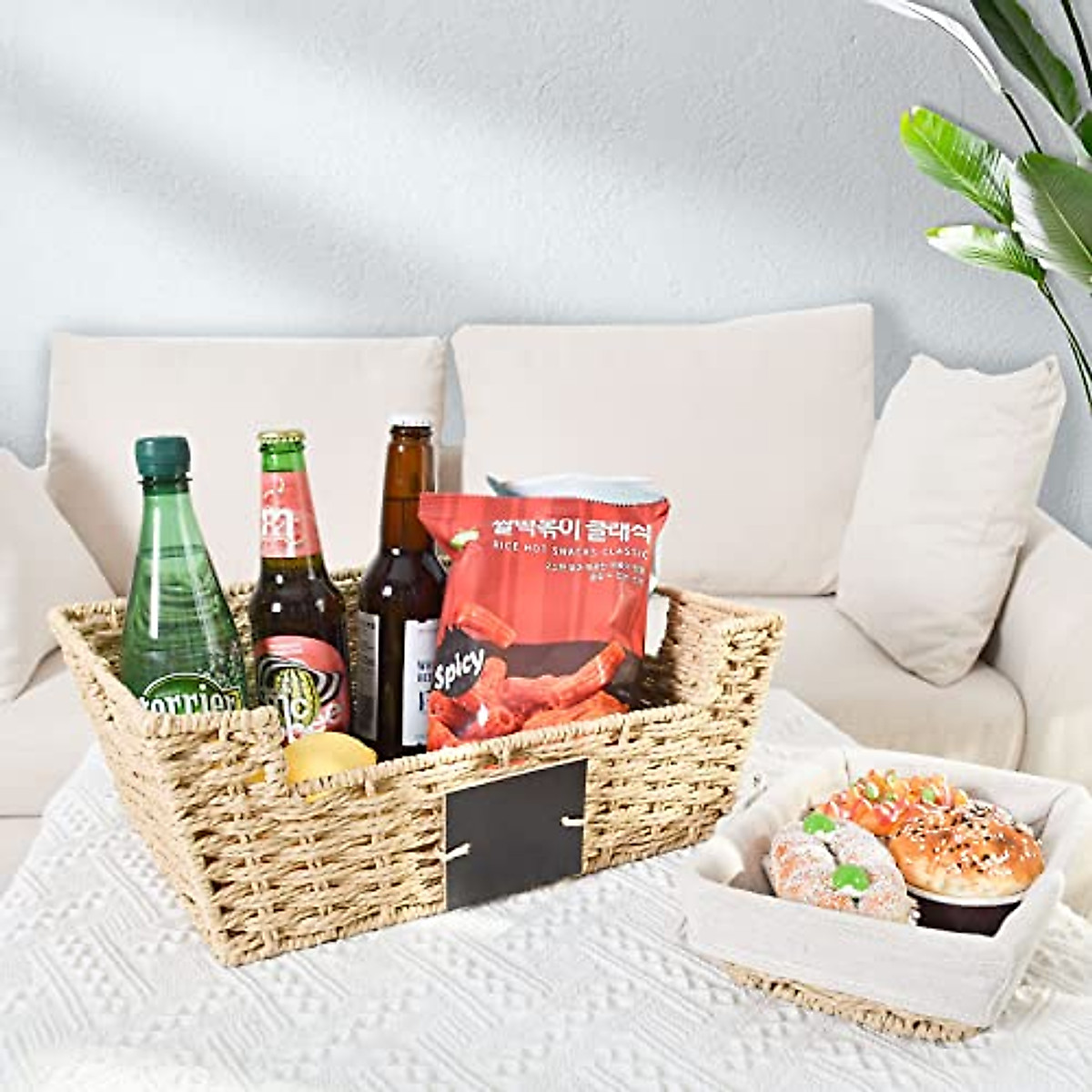 OUTBROS Storage Box Hand-Woven Wicker Storage Baskets, Multipurpose Open-Front Bin, Shelf Nesting Baskets, Desktop Makeup Organizer Container with Built-In Carry Handles, Paper Rope, Natural