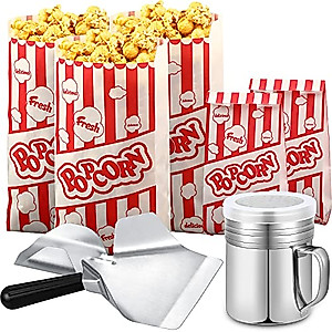 202 Pcs Popcorn Machine Supplies Set, Kernel Sifting Speed Scoop, Stainless Steel Seasoning Dredge with Handle, 200 Pcs Popcorn Bags Bundle for Home Kitchen Theater Movie Tools Supplies (1Oz & 2Oz)
