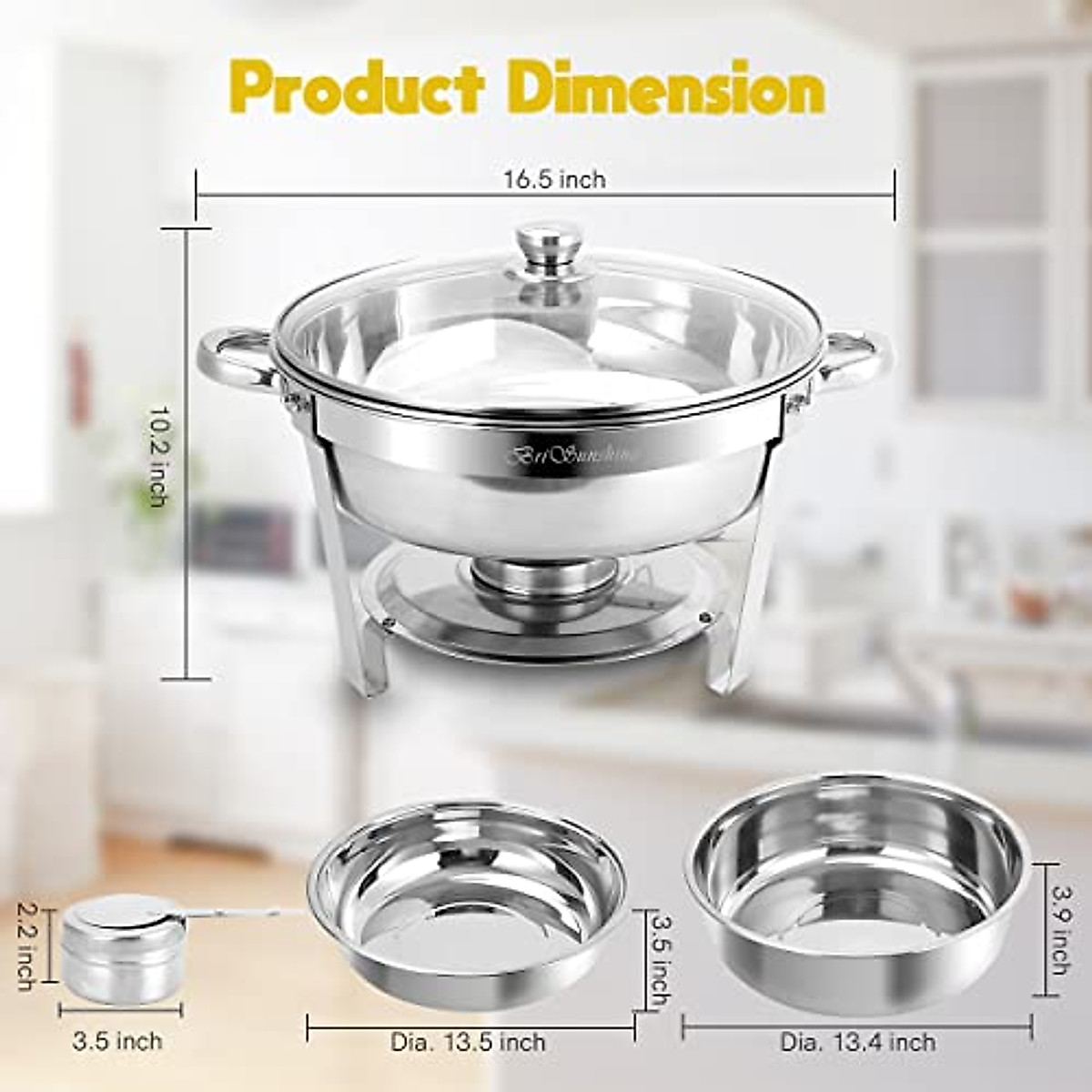 BriSunshine 6 Packs 5 QT Chafing Dish Buffet Set, Stainless Steel Round Chafer Sets with Glass Lid & Lid Holder, Food Warmer For Parties Weddings Catering