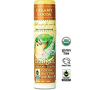 Badger - Cocoa Butter Lip Balm, Creamy Cocoa, Certified Organic Lip Balm, Fair Trade, Natural Lip Balm, Lip Butter, Lip Balm Cocoa Butter, Cocoa Care Lip Balm, 0.25 oz