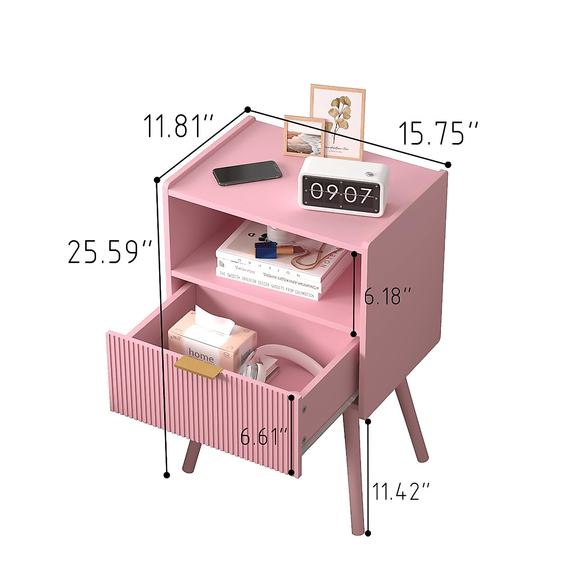 JOONEE Nightstand,Modern Bedside Table with Storage Drawer and Open Wood Shelf, for Living Room, Bedroom and Small Spaces, Accent Night Stand with Solid Wood Legs, Easy Assembly,Classic Pink
