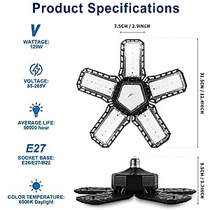 BOSITE Garage Light 120W LED Garage Light 12000LM 6500K Deformable Garage Lights Ceiling LED Shop Light with 5 Adjustable Panels, Barn Light LED Lights for Garage Barn Basement