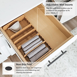 KitchenEdge Bamboo Kitchen Towel and Food-Storage Organizer, Perfect for Kitchen Drawers, Cabinets, Pantry, 5 Adjustable Wall Inserts, Organize & Store Plastic Food Containers