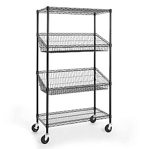 CAPHAUS NSF Commercial Heavy Duty 4 Tier Wire Shelving w/Two Trapezoid Baskets, Wheels, Leveling Feet, Storage Metal Shelf, Basement Garage Shelving Storage, Utility Wire Rack Storage Shelving Black