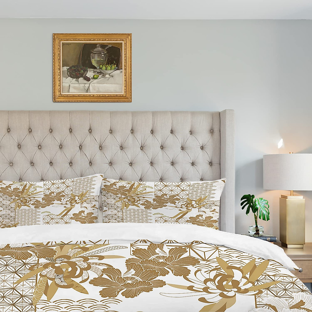 Shrahala Gold Japanese Floral Duvet Cover Set Queen Size, Spring 3 Pieces Soft Brushed 100% Cotton Duvet Covers with Button Closure, 1 Duvet Cover 90x90 inches and 2 Pillow Shams