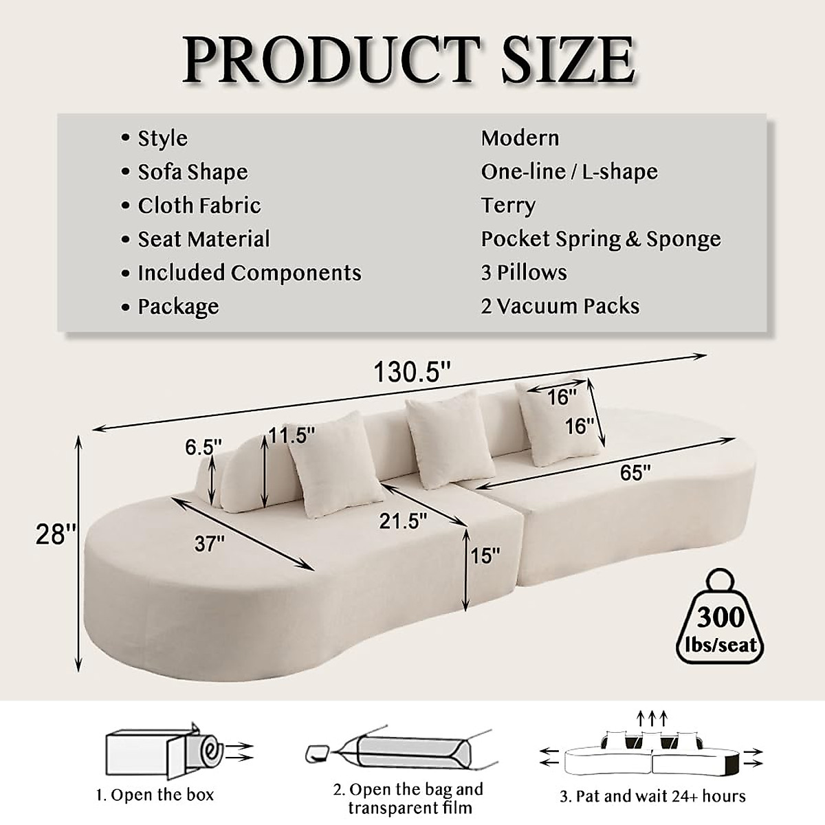 LuxyHoom 130.5'' Sectional Sofa Couch, Modern Cloud Sofa with 3 Pillows, Comfy 4 Seat Modular Sofa, Minimalist Curved Terrycloth Sofa for Living Room, Apartment, Hotel, No Assembly Required, Beige