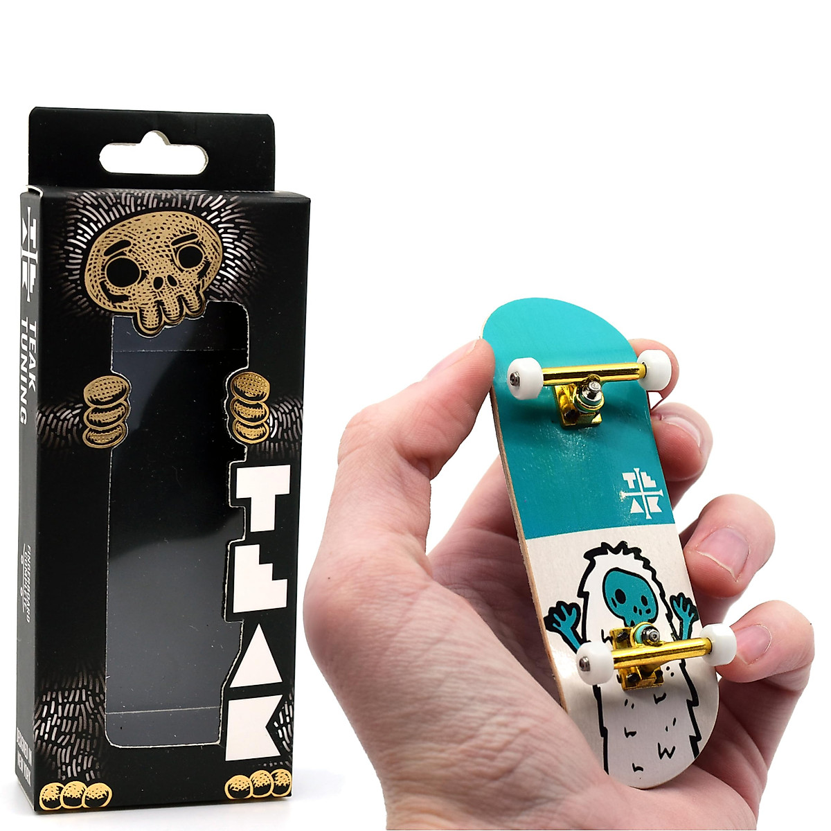 Teak Tuning 32mm Pro Fingerboard Heat Transfer Graphic Complete - Fully Assembled with Pro Level Parts - Pro Shaped Wood Deck (34x97mm), UltraSpin Wheels, Prodigy Trucks - Teal Yeti