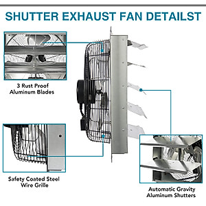 VENTISOL 20 Inch Shutter Exhaust Fan Wall Mounted, Aluminum with 1.65 Meters Power Cord Kit,High Speed 3500CFM, Ventilation fan for Garage,Greenhouse,Attic,Shed,Shop，Black