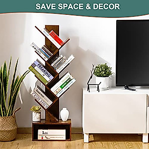 Yoobure Tree Bookshelf - 6 Shelf Retro Floor Standing Bookcase, Tall Wood Book Storage Rack for CDs/Movies/Books, Utility Book Organizer Shelves for Bedroom, Living Room, Home Office, Rustic Brown