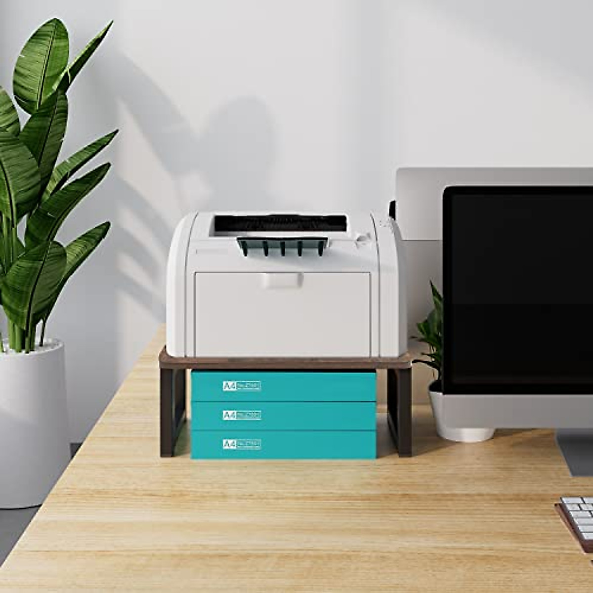 JOIN IRON Dark Brown Wood Computer Monitor Stand with Storage.Laptop Computer Shelf.Ergonomic Monitor Riser Desk Organizer.Office Supplies,Printer,iMac,Pc,Fax Machine Shelving Rack