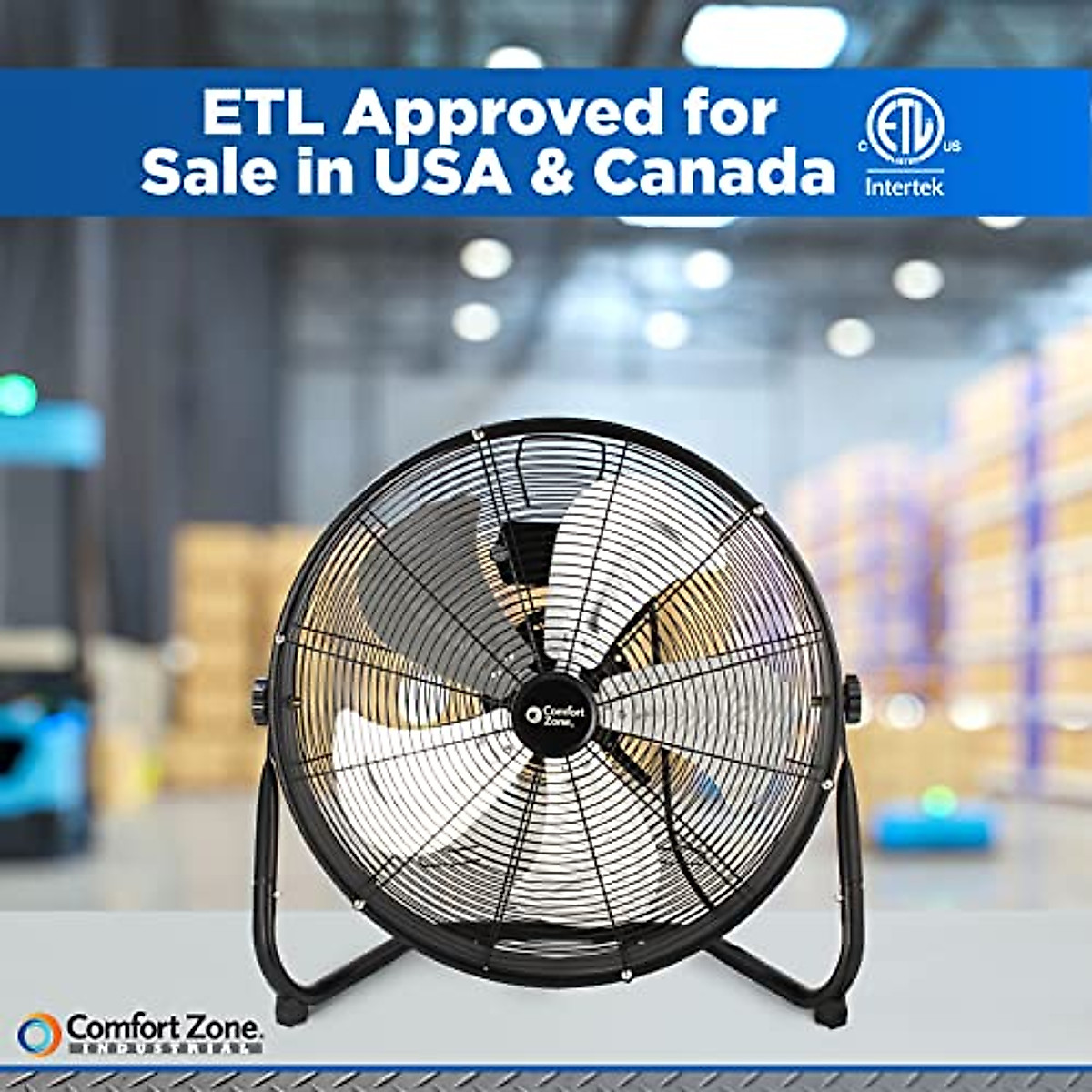 Comfort Zone CZHV20S 20” 3-Speed High-Velocity Slim Industrial Drum Fan, All-Metal Construction, 180-Degree Adjustable Tilt, Large Knobs to Lock Tilt Angle, 5-Aluminum Blades, and Carry Handle, Black