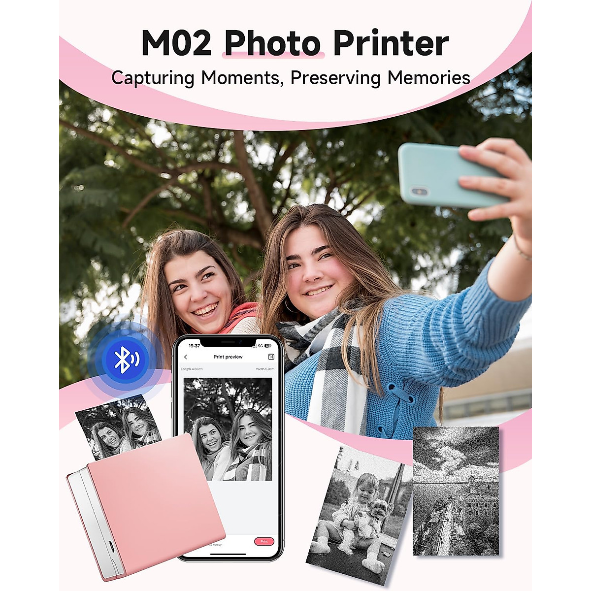 Memoking Inkless Bluetooth Printer Wireless - 2" Thermal Mini Printer Portable Photo Printer - M02 Sticker Printer Machine for Pad&Phone, HD Mini Sticker Maker Machine Printer for Memos,Sticker,Photos