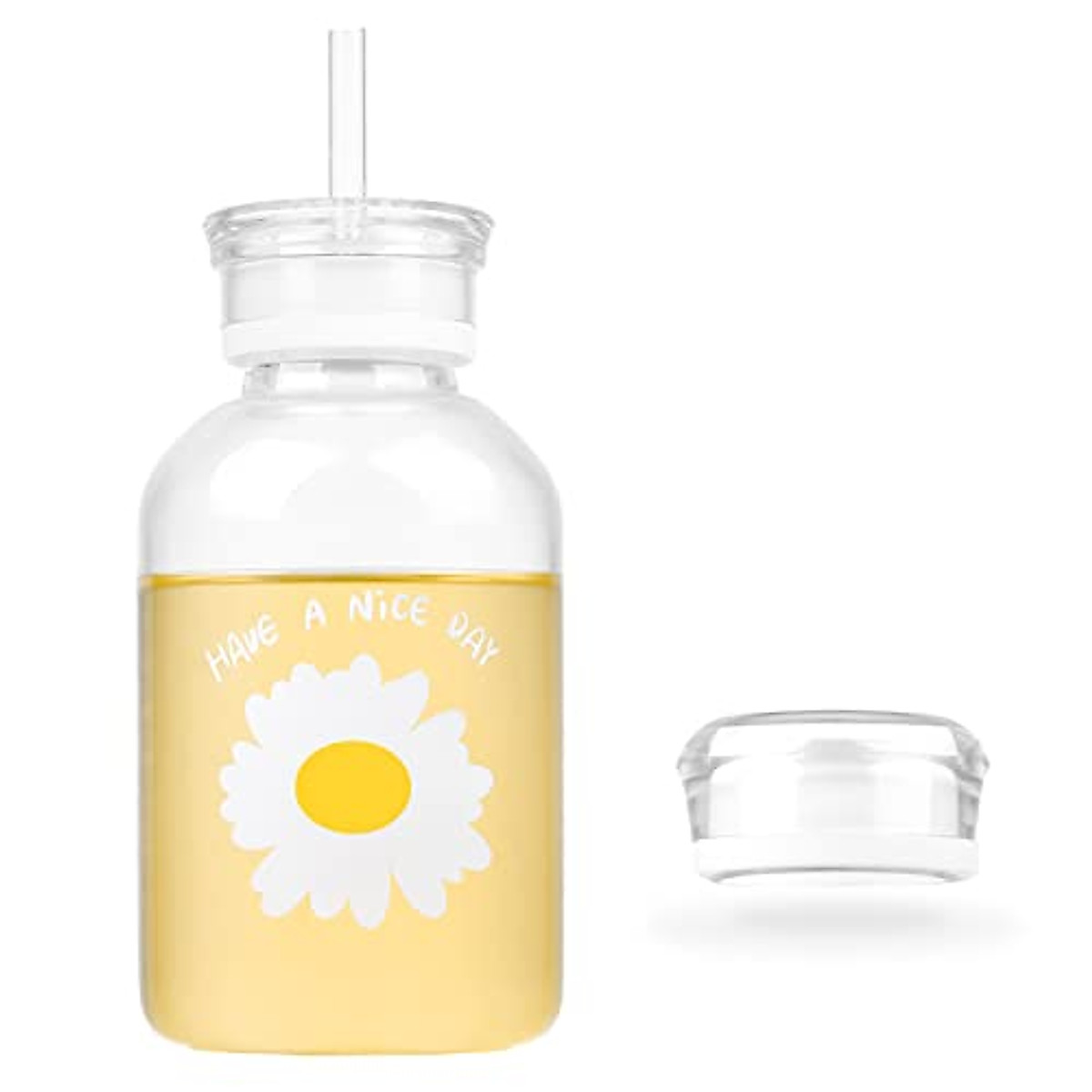 WHJY 16oz Cute Water Bottle, Matte Glass Water bottle with Straw, Milk Juice Glass Water Bottle with Scale, with 2 Lids, Little Daisy Sunflower Matte Portable Water Cup - Clear Sunflower