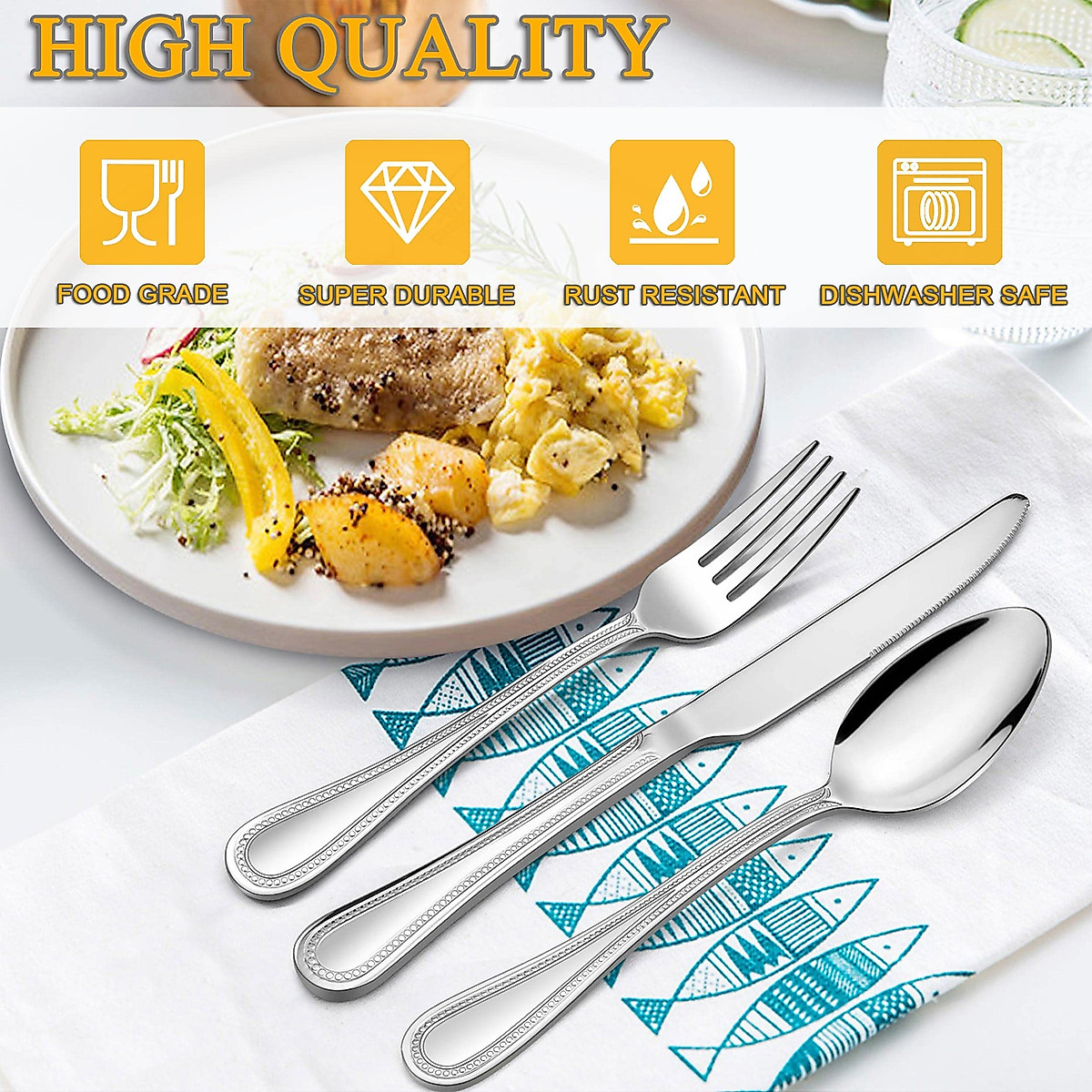 LIANYU Silverware Flatware Set for 8, 40-Piece Stainless Steel Eating Utensils with Pearled Edge, Cutlery Tableware for Home Kitchen Restaurant Party, Mirror Finished, Dishwasher Safe
