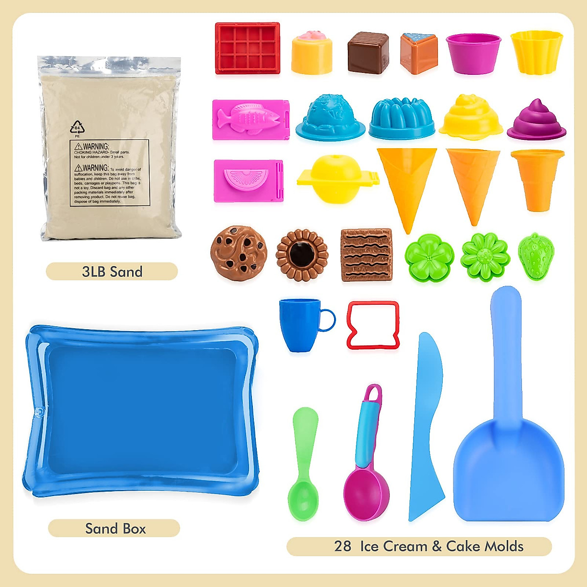 Play Sand Ice Cream Kit, 3lbs Magic Sand, Food Molds Tools, Kitchen Toys, Tray and Storage Bag, 44PCS Sandbox Toys Set for Toddlers Kids Boys Grils